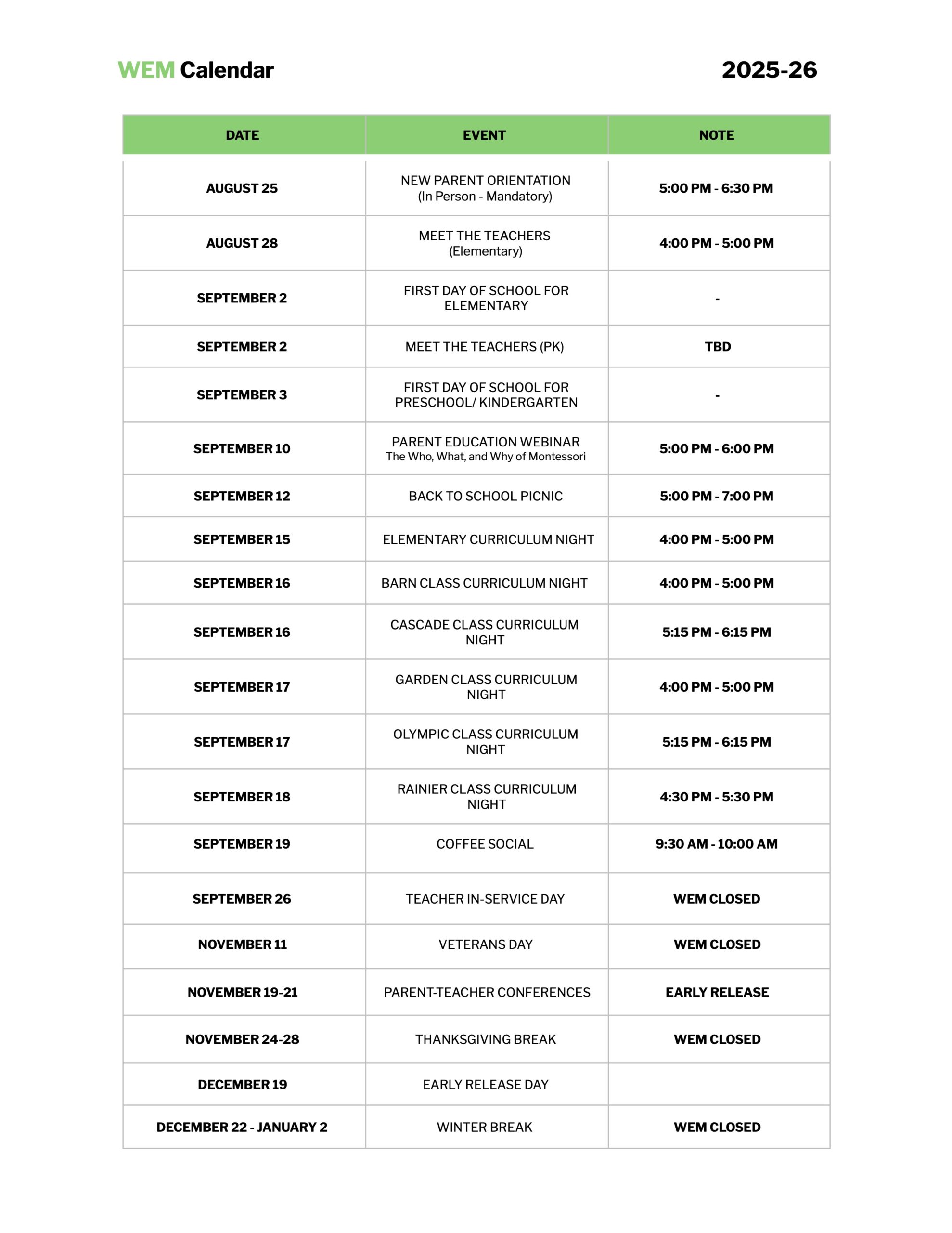 School Calendar - WEM School